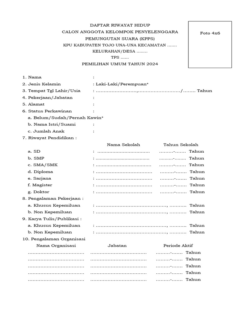 Formulir Daftar Riwayat Hidup KPPS | PDF