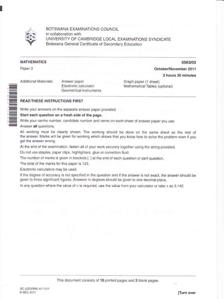 Mathematics Bgcse pp3 2011 | PDF | Area | Triangle Geometry