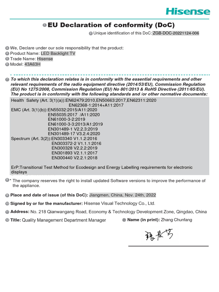 20221124-006-Declaration of Conformity (DoC) 43A63H | PDF