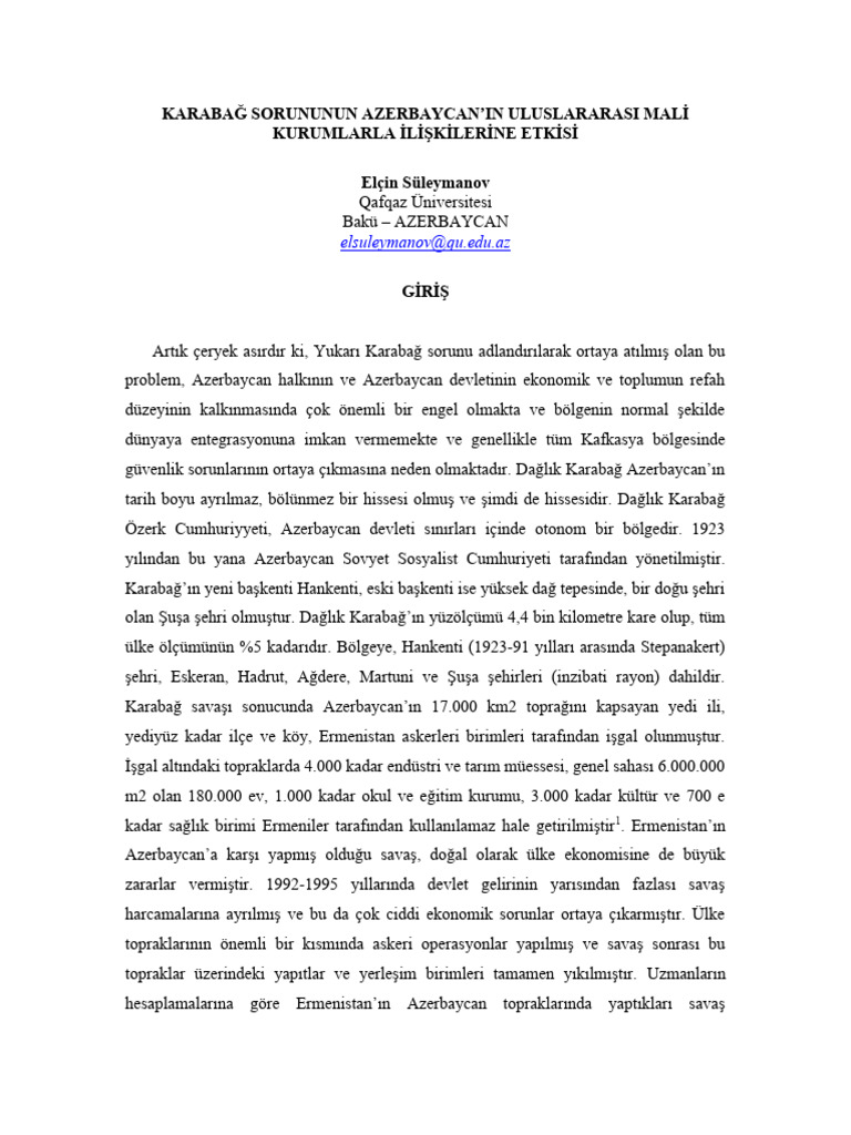 Karabag Sorununun Azrbaycan in Uluslara | PDF