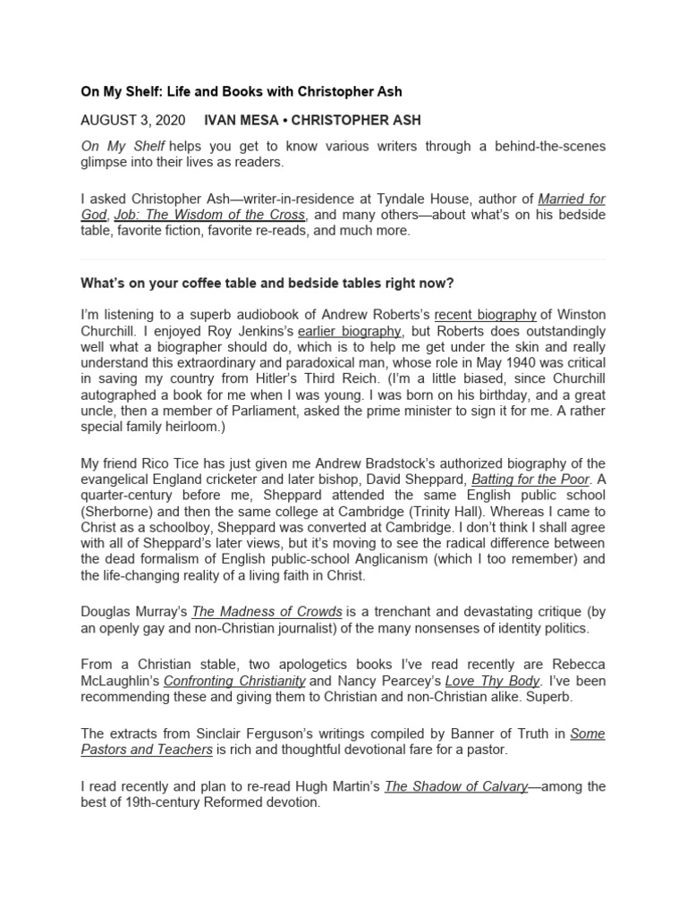 On My Shelf Christopher Ash | PDF | Augustine Of Hippo | Sermon