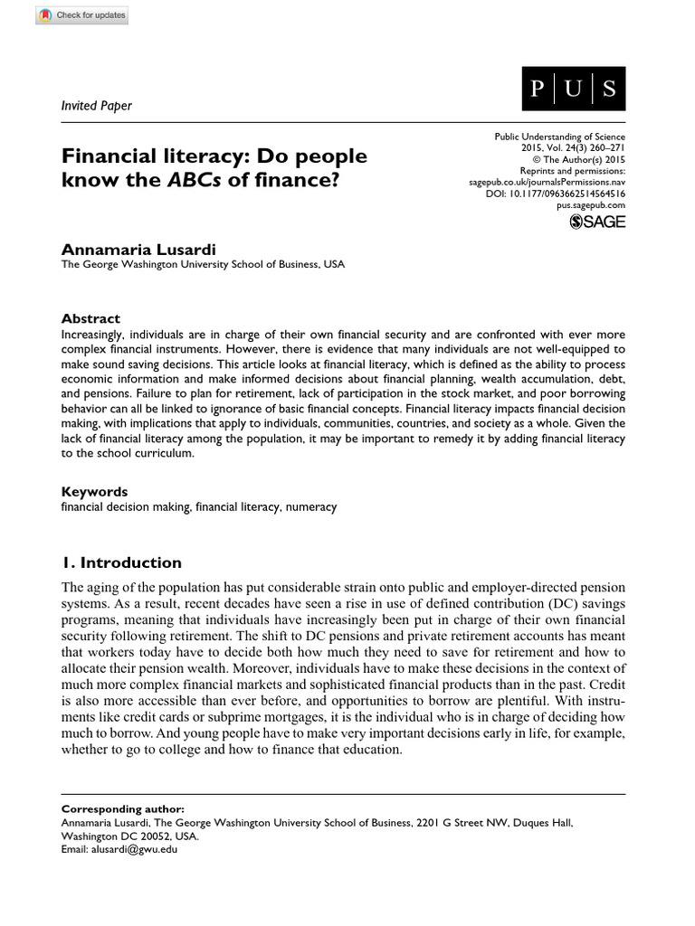 Financial Literacy Do People Know The ABCs of Finance - 2015 - SAGE ...