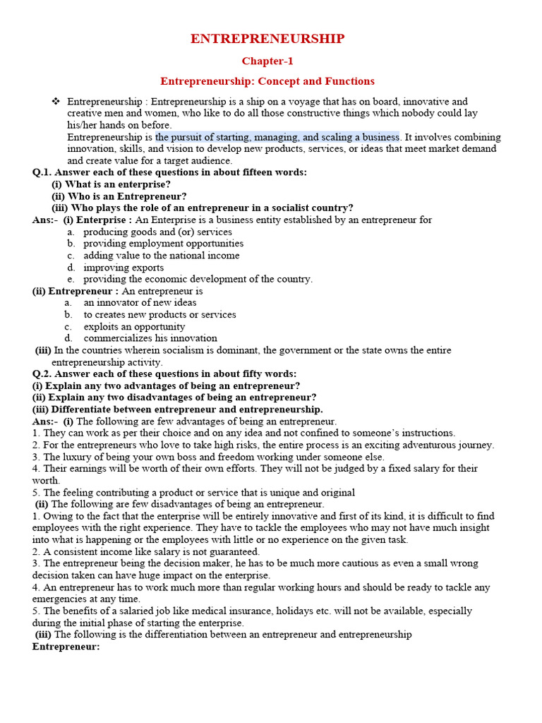 Enttrepreneurship - XI - Notes - CH 1 | PDF | Entrepreneurship | Human ...