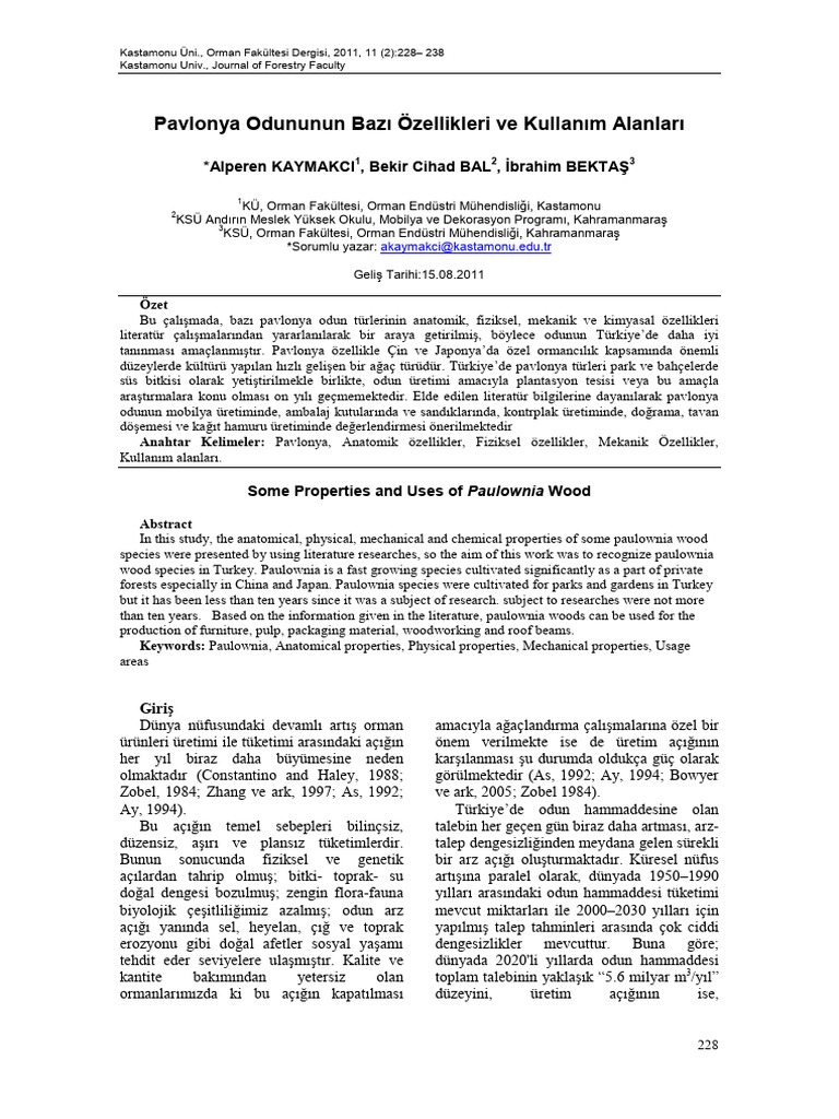 Pavlonya Odununun Baz - Zellikleri Ve Kullan - M Alanlar - ( | PDF