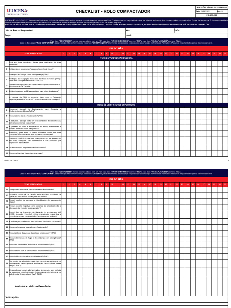 FO-SEG-105 - Checklist Rolo Compactador - Rev.0 | PDF