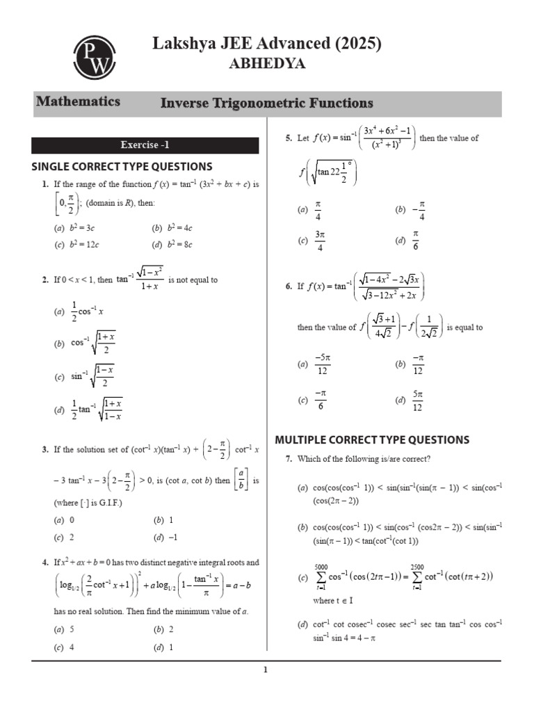 Inverse Trigonometric Fucntions JEE Advanced Practice Sheet | PDF | Function (Mathematics ...