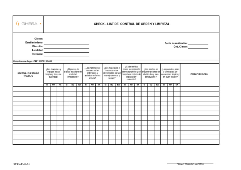 check list de ORDEN Y LIMPIEZA | PDF