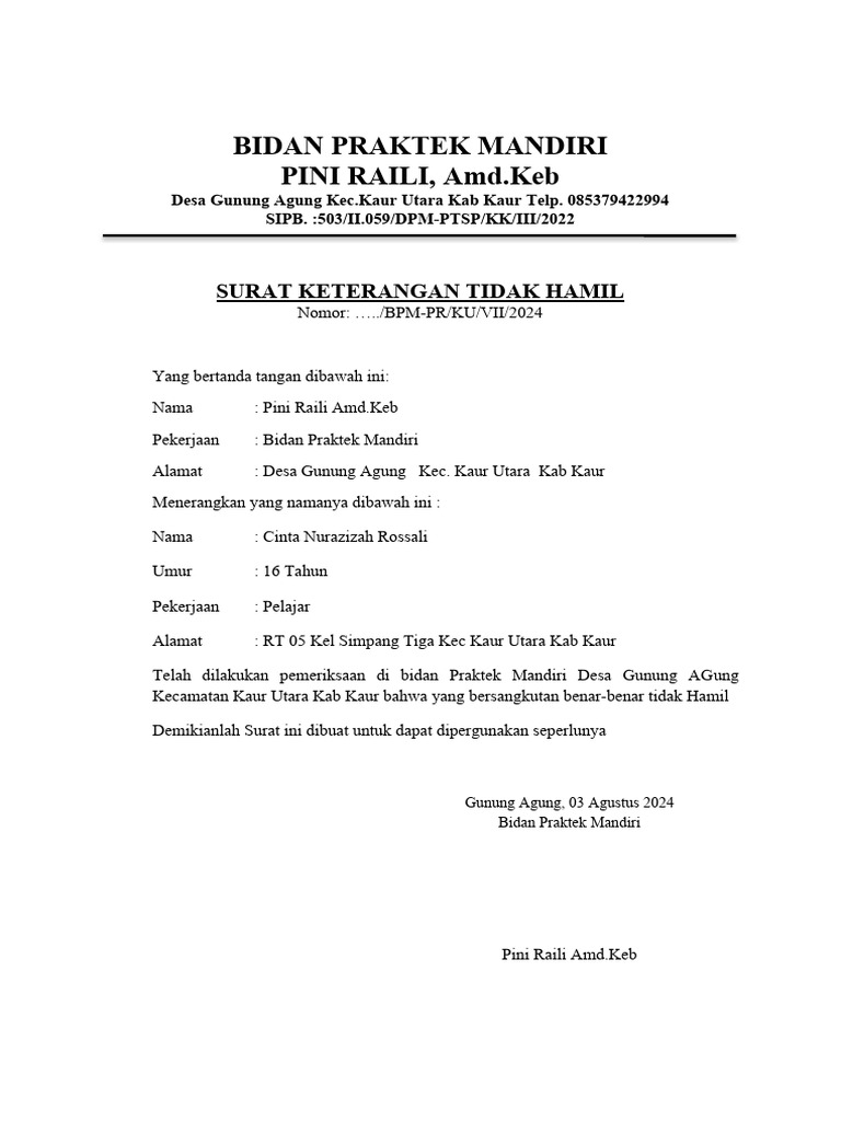 Surat Keterangan Tidak Hamil dan Vaksinasi | PDF