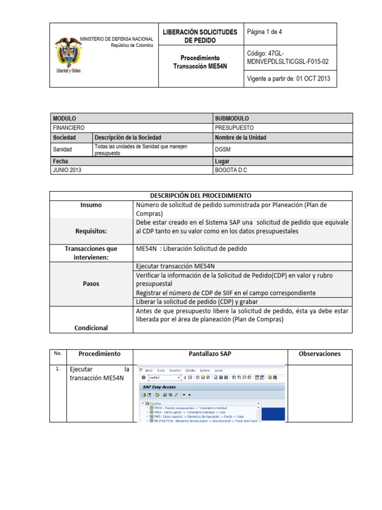 Procedimiento ME54n LIBERAR SOLPE | PDF | Presupuesto | Informática