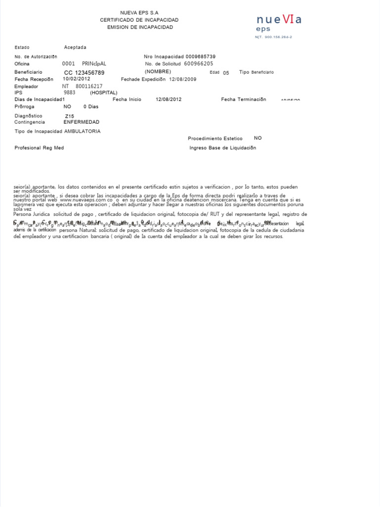 Plantilla Incapacidad Nueva Eps | PDF