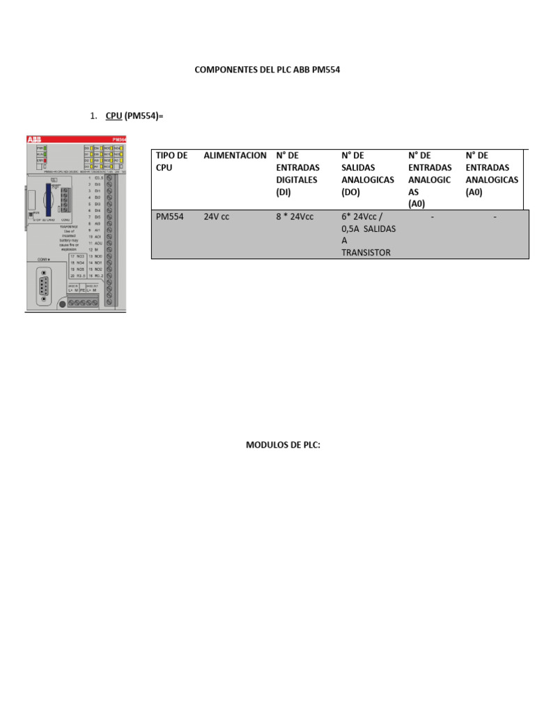Componentes y Especificaciones PLC ABB PM554 | PDF | Ciencia de los ...
