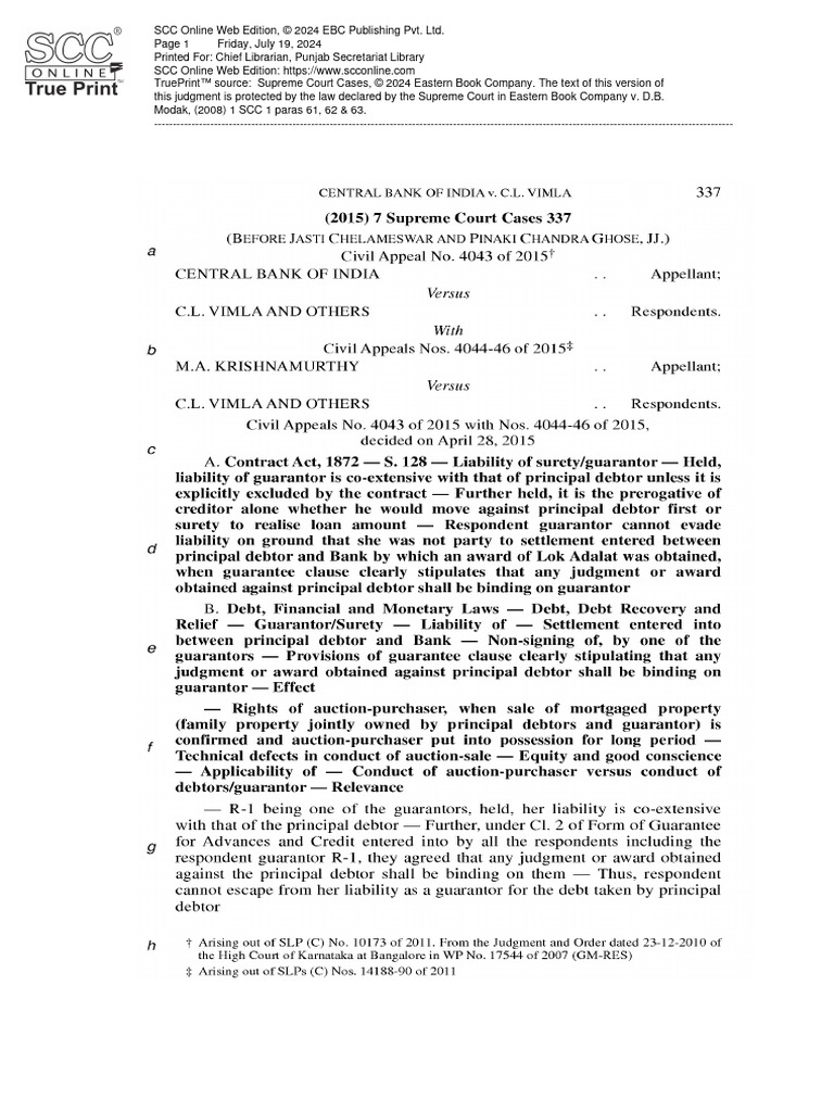 Central Bank of India v. CL Vimla | PDF | Supreme Court Of India | Justice