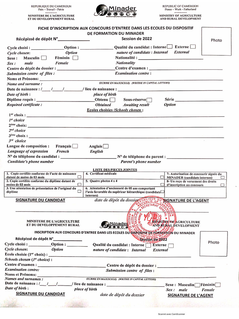 Fiche Inscription Exams Minader 2022 | PDF