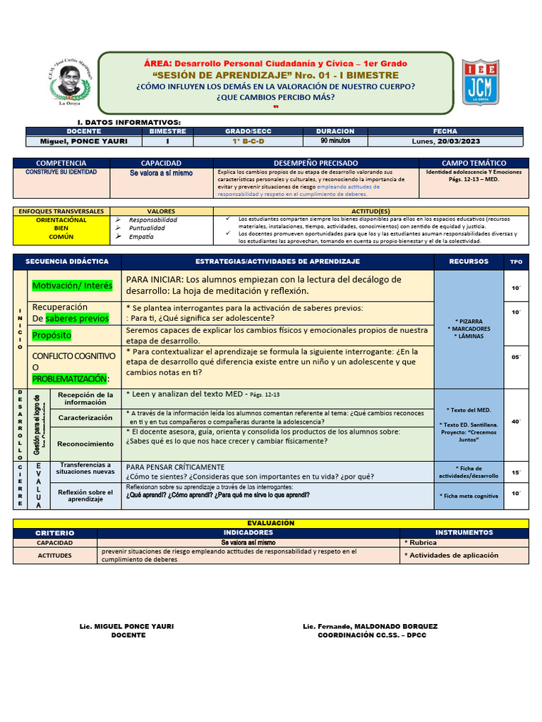 1ra-SESIÓN-DPCC-1°-2°-2023 (1) | PDF | Aprendizaje | Evaluación