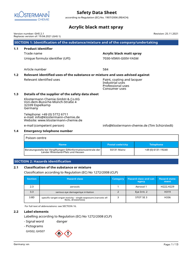 Acrylic Black Matt Spray DE en | PDF | Occupational Safety And Health ...