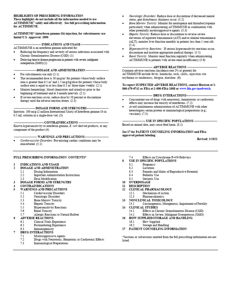 ACTIMMUNE Prescribing Information | PDF | Interferon Gamma | Dose ...