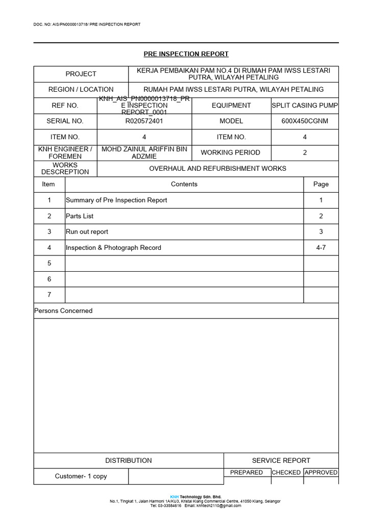 Pre-Inspection Report: IWSS Lestari Pump | PDF | Mechanical Engineering