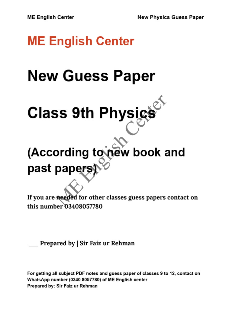 Class 9 New Guess Paper-1 | PDF | Force | Temperature