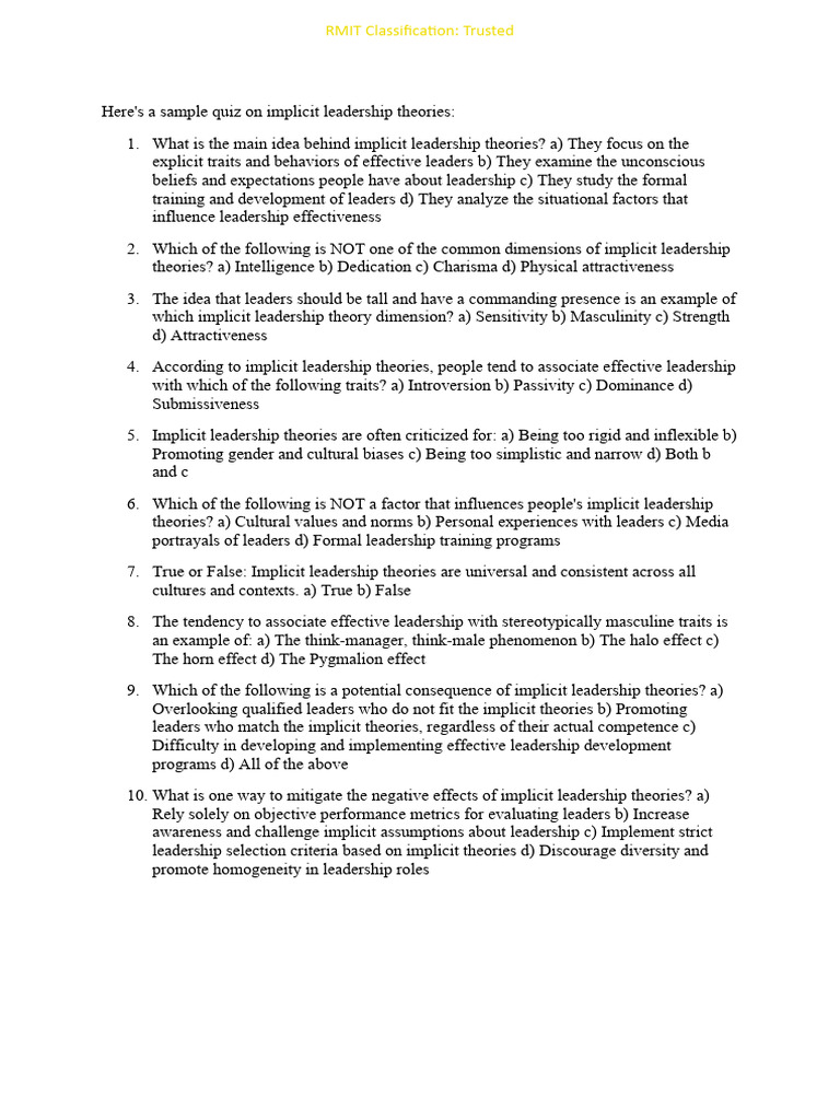 Implicit Leadership Theories Quiz and Analysis | PDF | Leadership ...