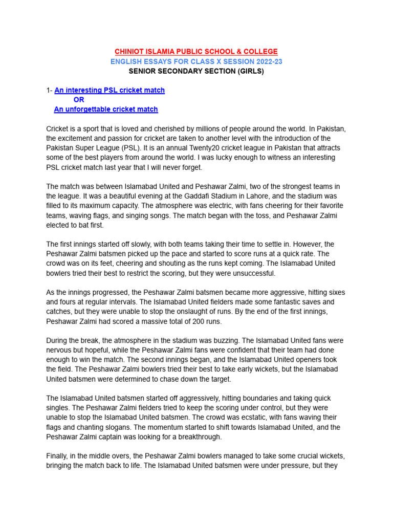 Engaging Cricket Essays for Class X | PDF | Pollution | Water Pollution
