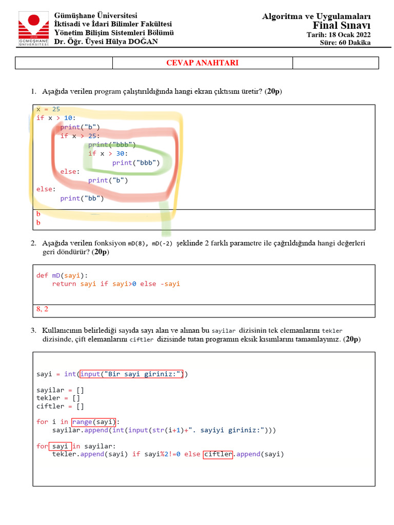 Algoritma Ve Uygulamaları - Final - Cevap Anahtarı | PDF