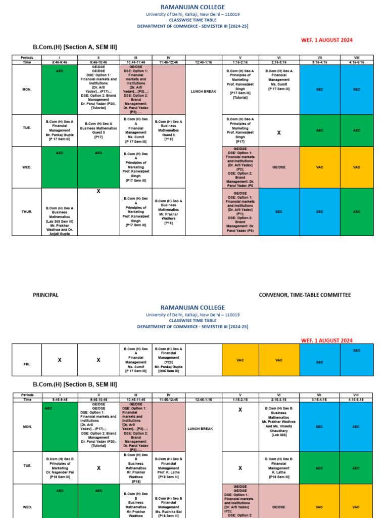 Classwise Time-Table (B.Com. (H) & B.Com. SEM III | PDF | Academic Degree | Business