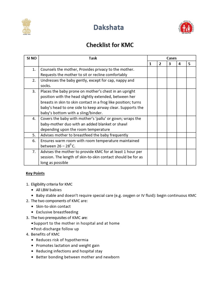 Dakshata: Checklist For KMC | PDF