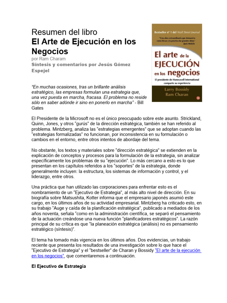 Resumen Del Libro El Arte de La Ejecución en Los Negocios-Ram Charam ...