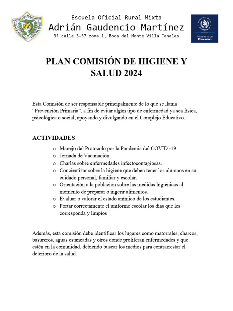 Plan de Higiene y Salud Escolar 2024 | PDF | Salud y bienestar