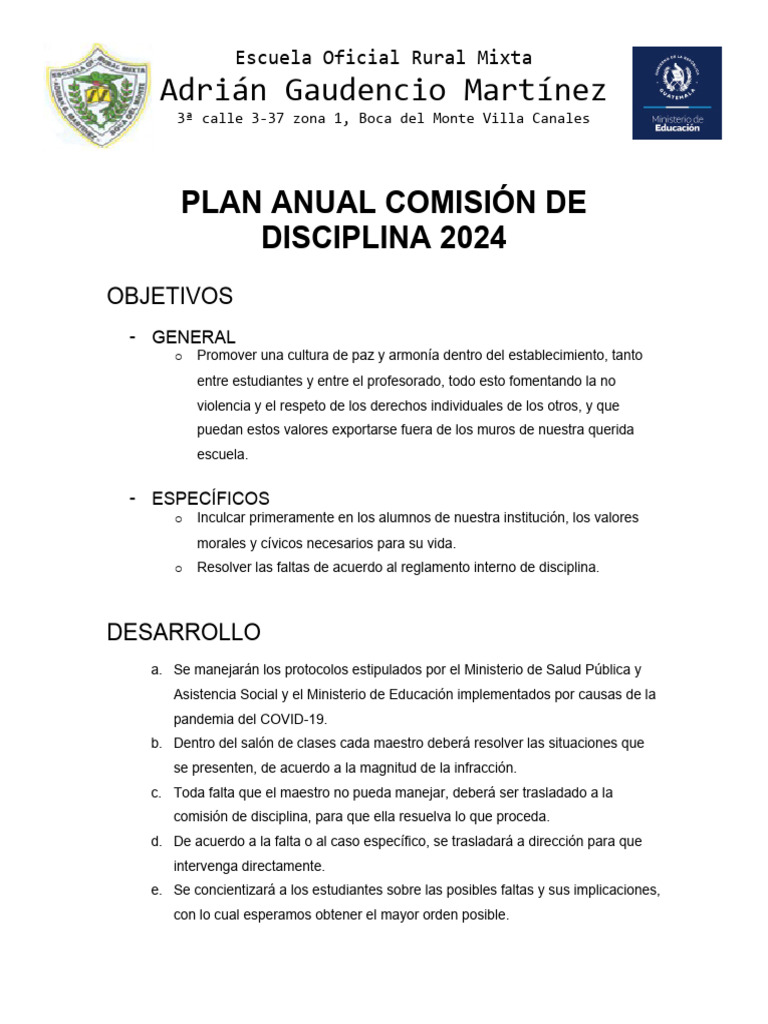 Plan Anual Comisión de Disciplina 2024 | PDF | Escuelas | Disciplinas