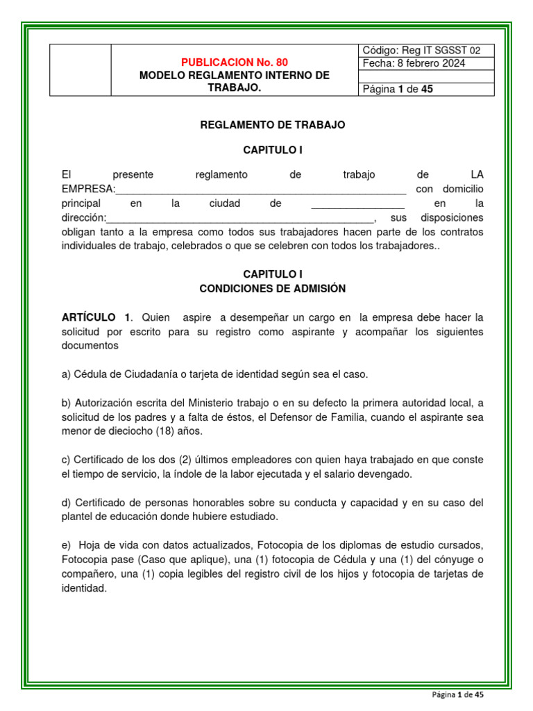 PUBLICACION-No.-80-MODELO-REGLAMENTO-DE-TRABAJO 2024 | PDF | Salario | Derecho laboral