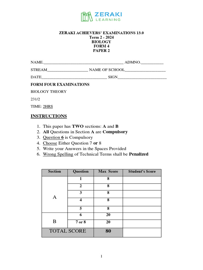 Biology - Paper 2 - Question Paper | PDF | Biology | Concentration