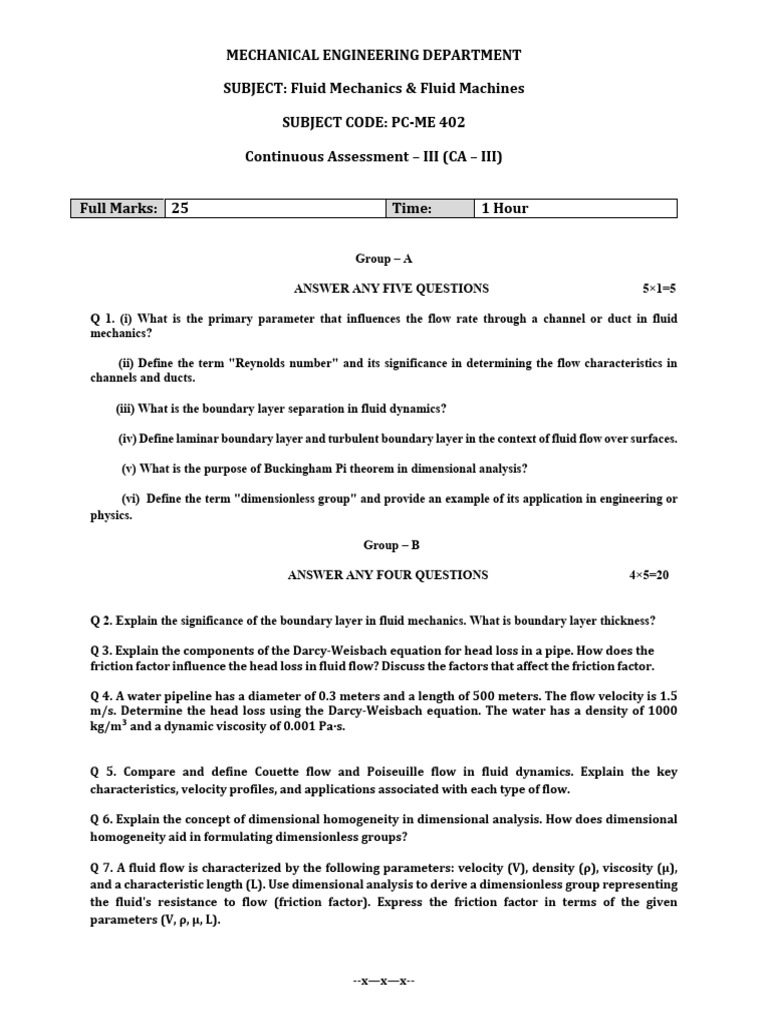 Fluid Mechanics & Fluid Machines CA3 Questions | PDF | Fluid Dynamics | Boundary Layer