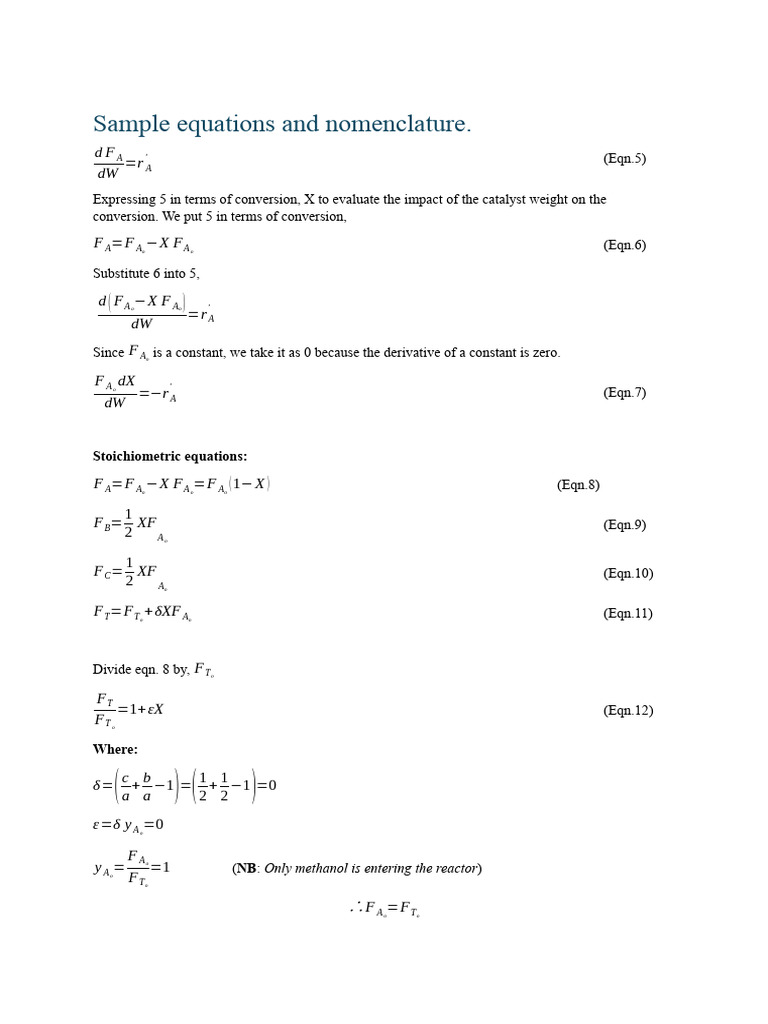 Sample Equations and Nomenclature | PDF | Chemical Reactor | Mole (Unit)