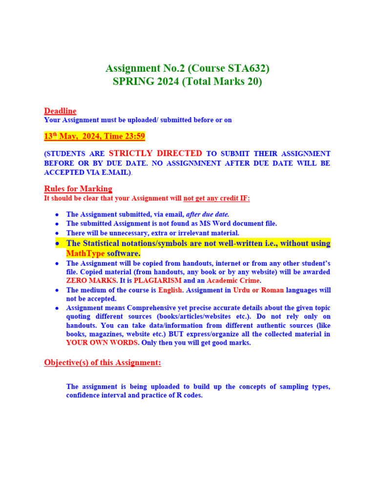 STA632 Assignment 2: Sampling & R Codes | PDF | Sampling (Statistics ...