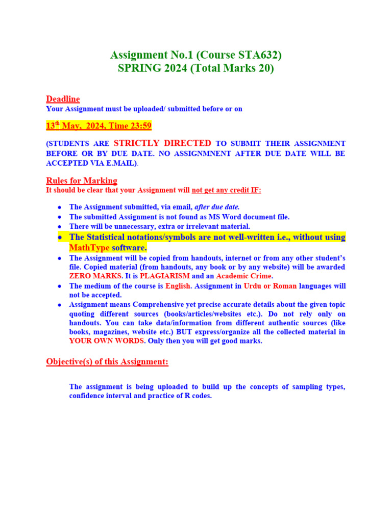 Spring 2024 - STA632 - 1 - SOL | PDF | Standard Deviation | Computing