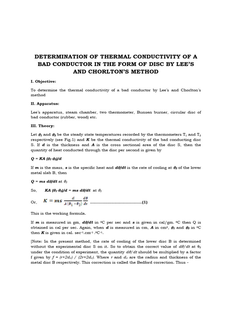 Thermal Conductivity of A Bad Conductor in The Form of Disc by Lee's ...