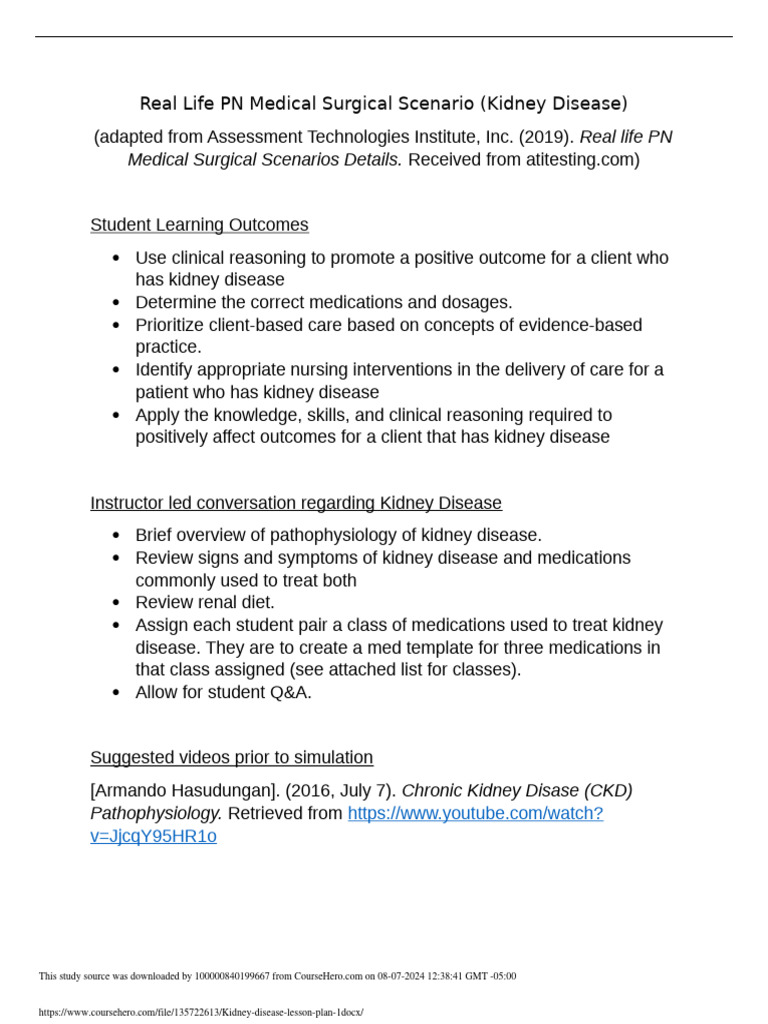 Kidney Disease Lesson Plan 1 | PDF | Kidney | Simulation