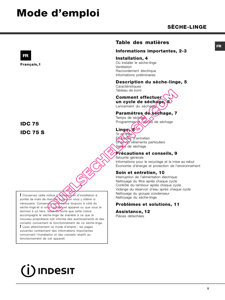 Mode d'emploi Sèche-linge Indesit IDC75 | PDF | Sèche-linge | Prise ...