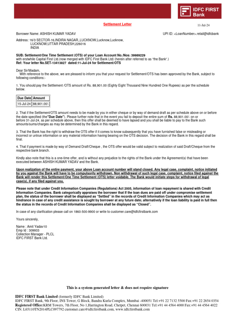 IDFC First Bank Settlement Letter for Ashish Yadav | PDF | Banks | Loans