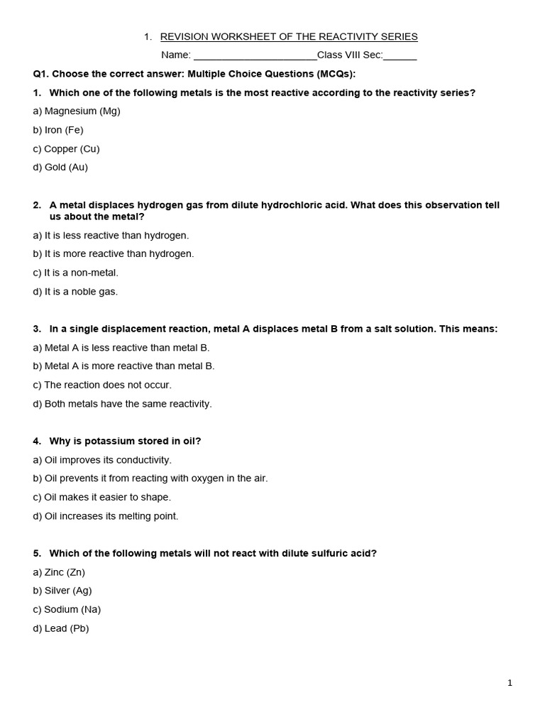 Revision Worksheet of The Reactivity Series | PDF | Metals | Zinc