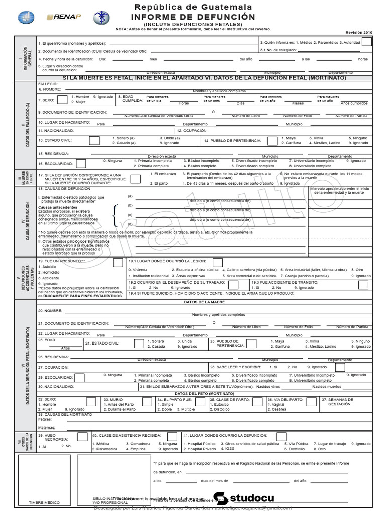 Informe-De-Defuncion RENAP 2 Hojas | PDF | Documento de identidad | Feto