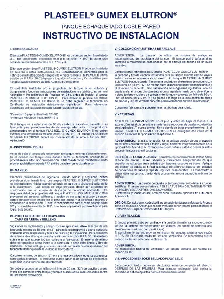 Especificaciones técnicas de tanque marca Gumex | PDF