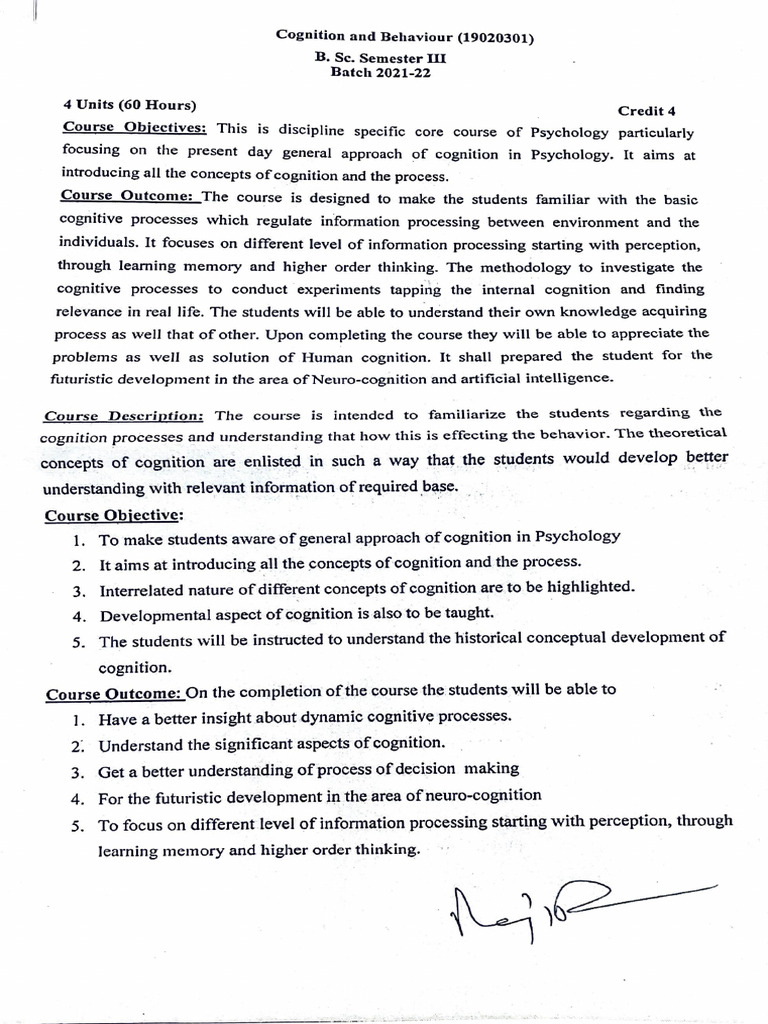 Cognition and Behaviour Syllabus | PDF | Cognition | Concept