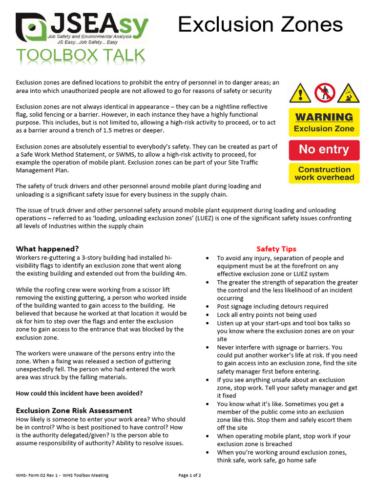 Toolbox Talk Exclusion Zones | PDF | Safety