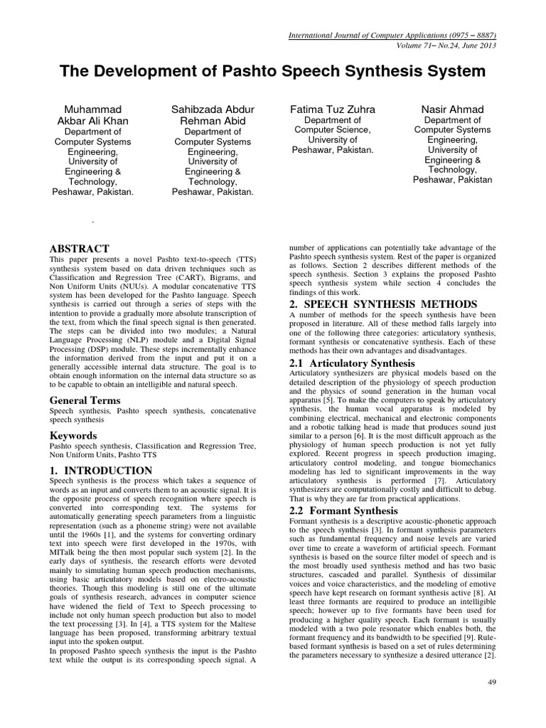 The Development of Pashto Speech Synthesis System | PDF | Speech Synthesis | Part Of Speech