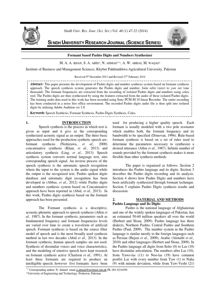 Formant Based Pashto Digits and Numbers Synthesizer | PDF | Speech Synthesis