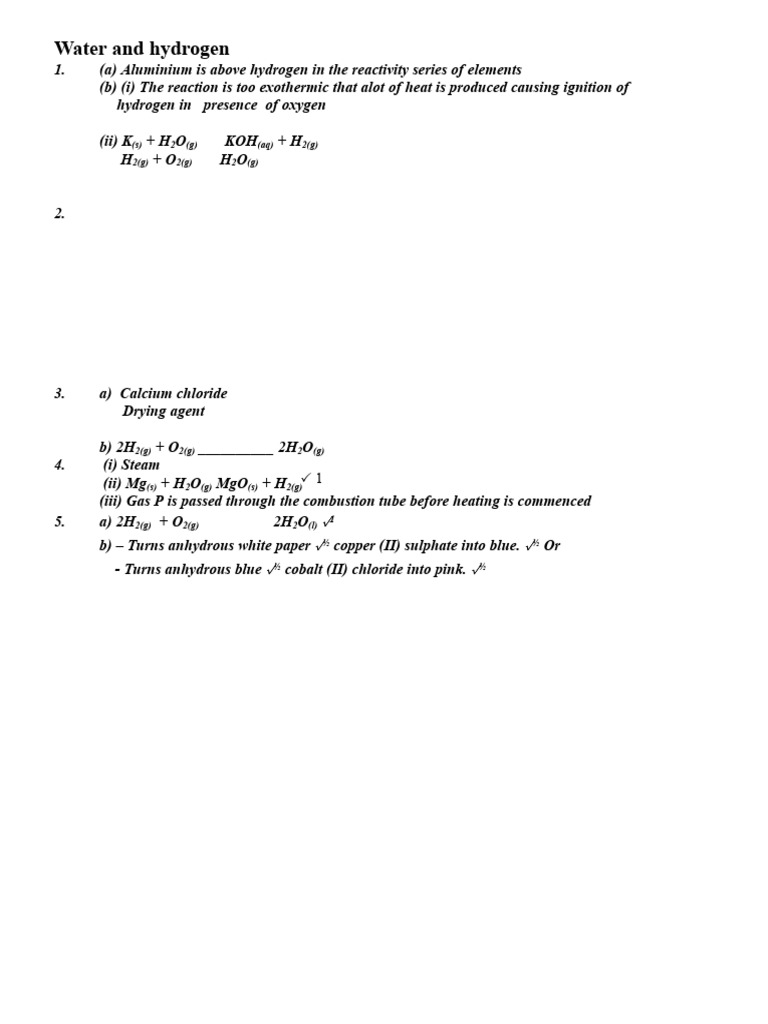 Form 1 Water and Hydrogen Ans Teacher.co .Ke | PDF | Hydroxide | Hydrogen
