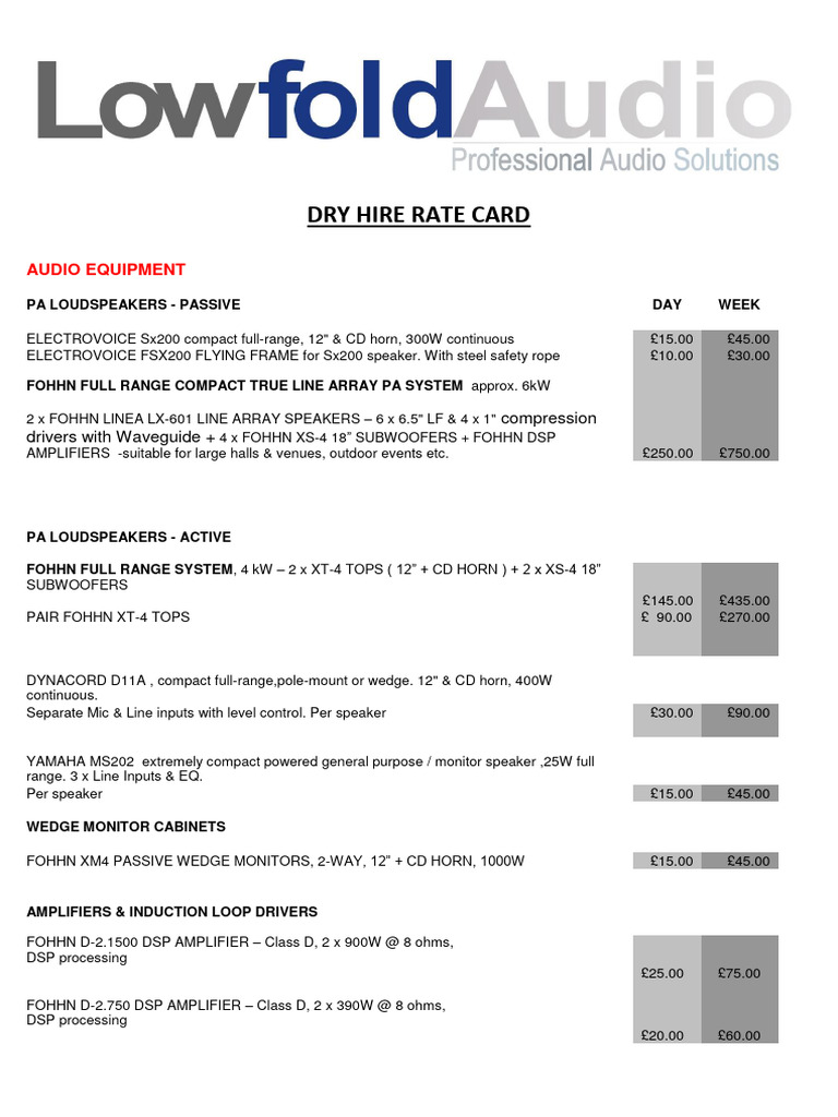 LFA-Dry-Hire-Rate-card | PDF | Microphone | Loudspeaker