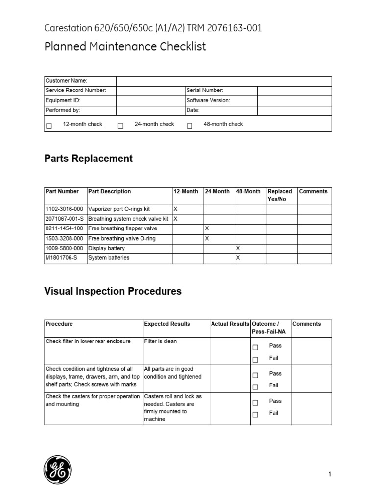 Planned Maintenance Checklist | PDF | Vacuum | Pressure Measurement